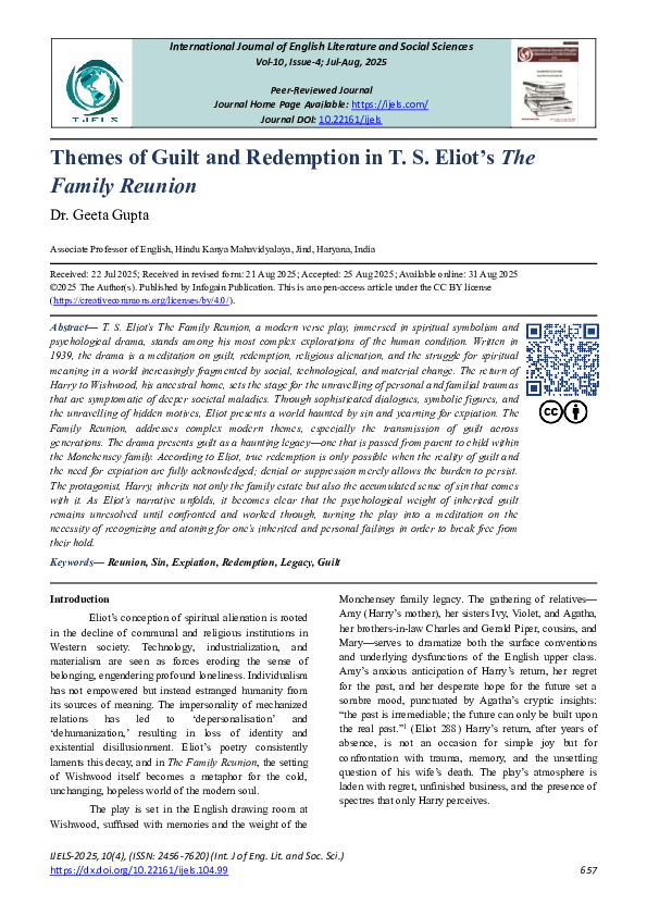(PDF) Themes of Guilt and Redemption in T. S. Eliot’s The Family Reunion