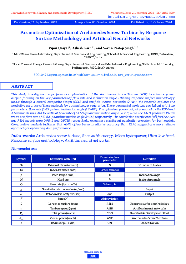 (PDF) Parametric Optimization of Archimedes Screw Turbine by Response Surface Methodology and ...