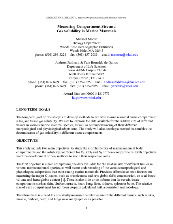 (PDF) Measuring Compartment Size and Gas Solubility in Marine Mammals