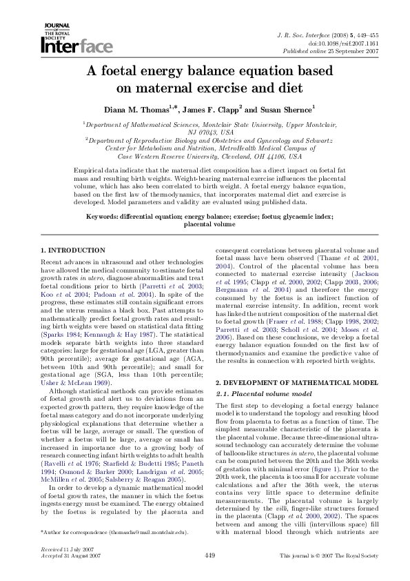 (PDF) A foetal energy balance equation based on maternal exercise and diet