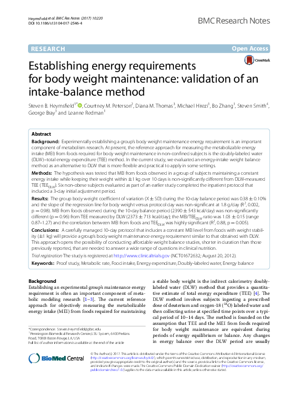 (PDF) Establishing energy requirements for body weight maintenance ...