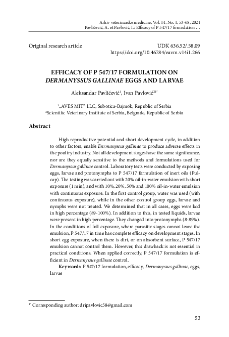 (PDF) Efficacy of P 547/17 Formulation on Dermanyssus Gallinae Eggs and ...