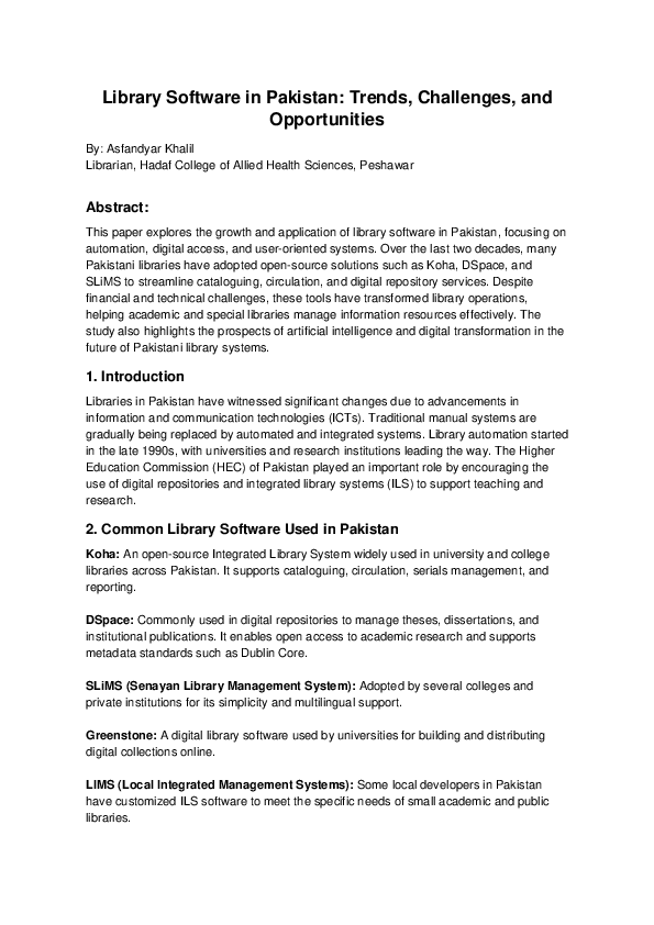 (PDF) Library Software in Pakistan: Trends, Challenges, and Opportunities