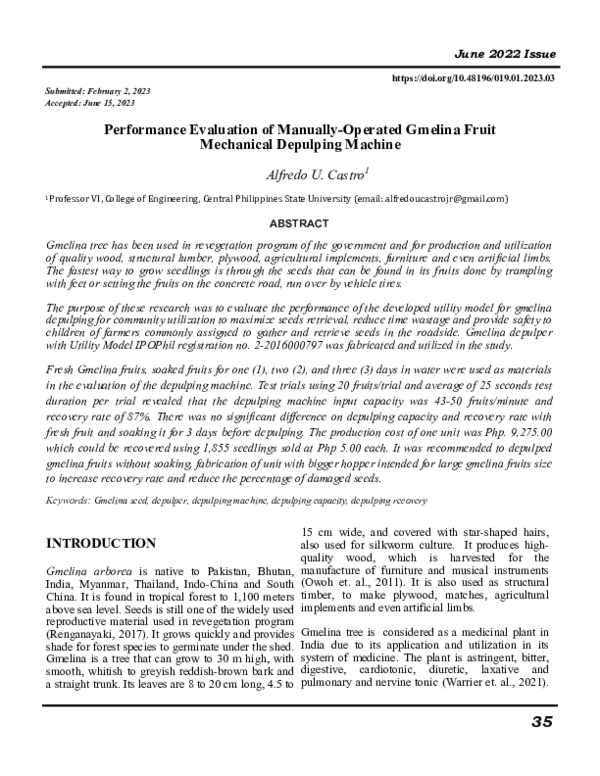 (PDF) Performance Evaluation of Manually-Operated Gmelina Fruit ...