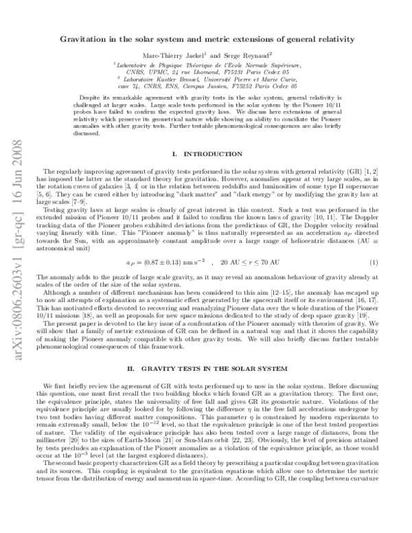 (PDF) Gravitation in the solar system and metric extensions of general ...