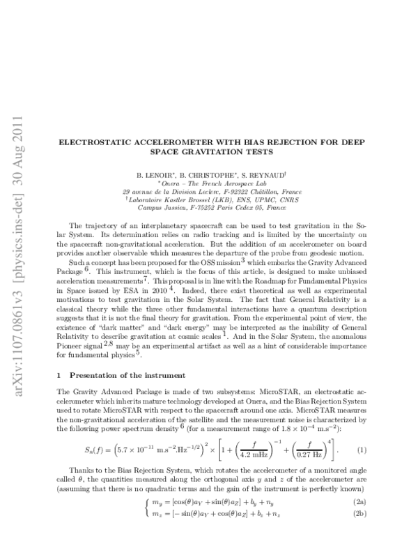(PDF) Electrostatic accelerometer with bias rejection for gravitation and Solar System physics