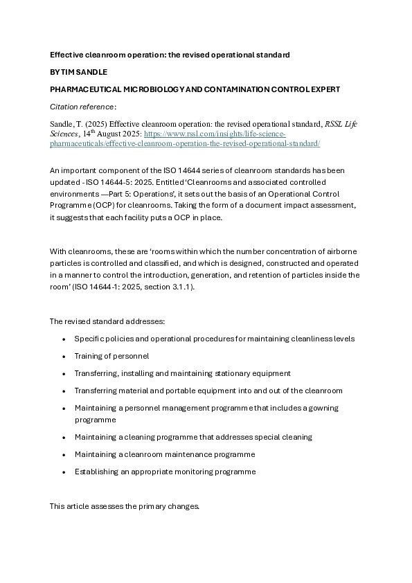 (PDF) Effective cleanroom operation: the revised operational standard ...
