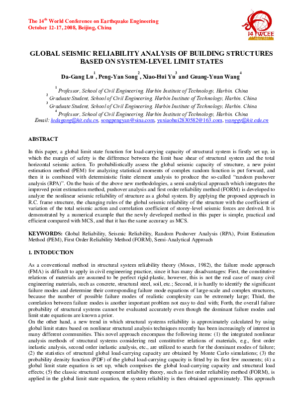 (PDF) Global Seismic Reliability Analysis of Building Structures Based ...