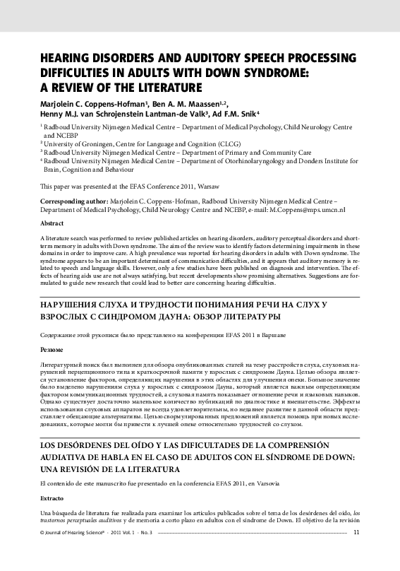 (PDF) Hearing Disorders and Auditory Speech Processing Difficulties in Adults with Down Syndrome ...