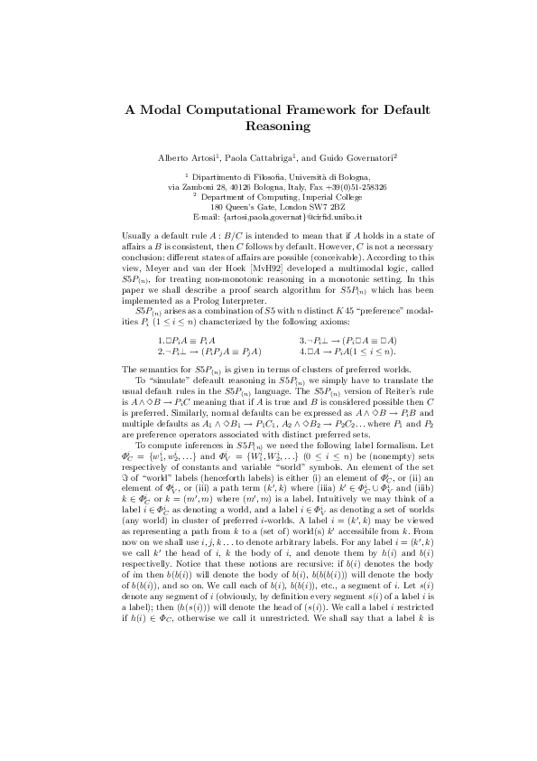 (PDF) A modal computational framework for default reasoning