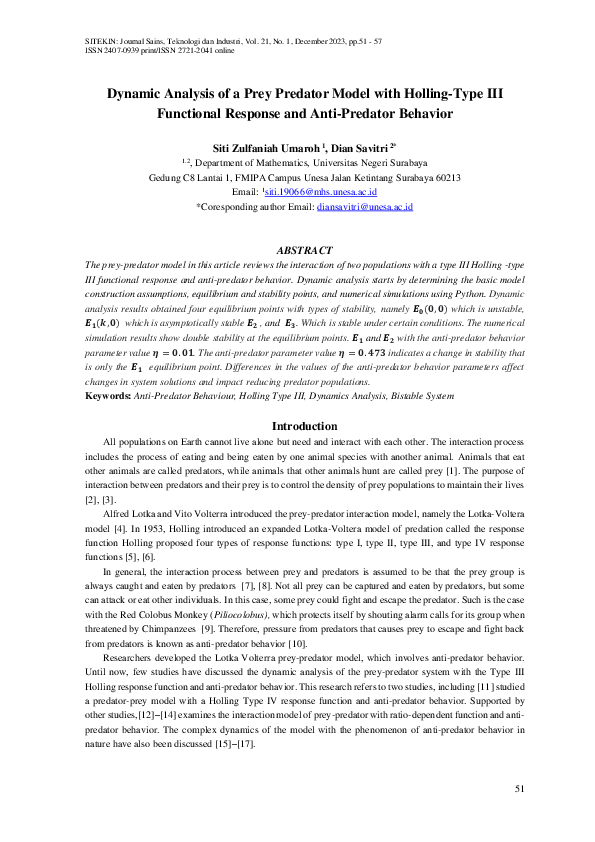 (PDF) Dynamic Analysis of a Prey Predator Model with Holling-Type III Functional Response and ...