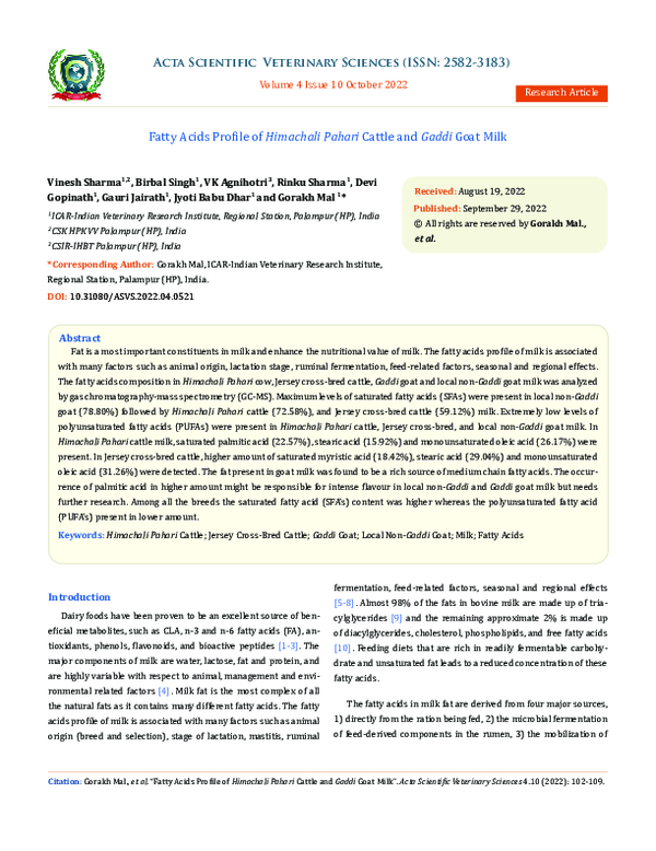 (PDF) Fatty Acids Profile of Himacahli Pahari Cattle and Gaddi Goat Milk