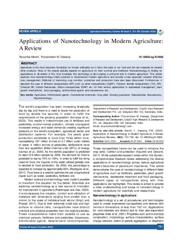 (PDF) Applications of Nanotechnology in Modern Agriculture: A Review