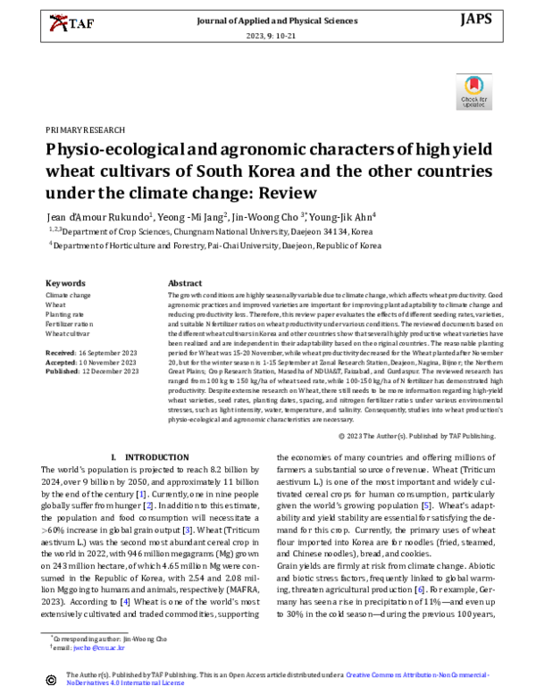 (PDF) Physio-ecological and agronomic characters of high yield wheat cultivars of South Korea ...