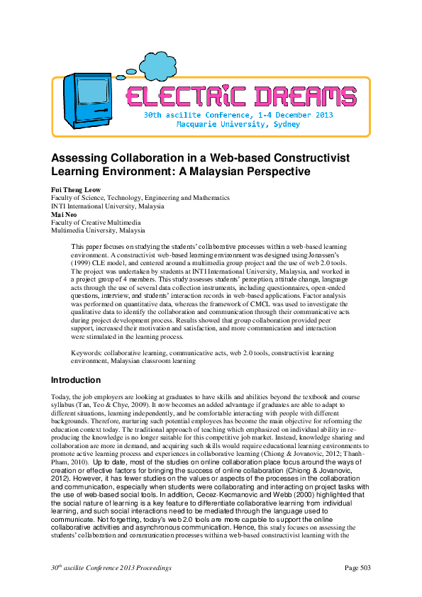 (PDF) Assessing collaboration in a web-based constructivist learning environment: A Malaysian ...