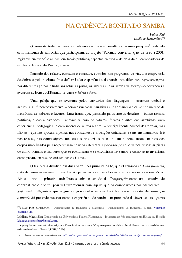 (PDF) Na cadência bonita do samba