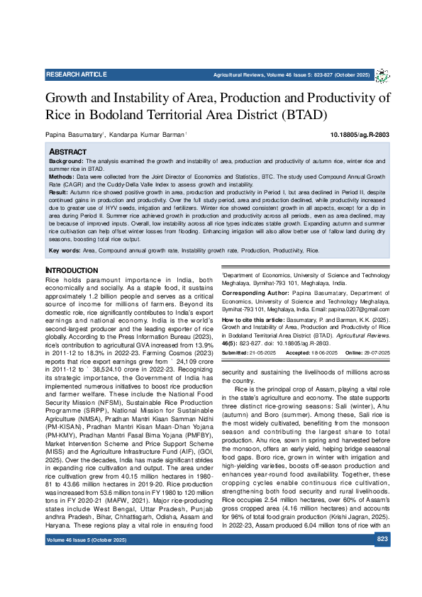 (PDF) Growth and Instability of Area, Production and Productivity of ...