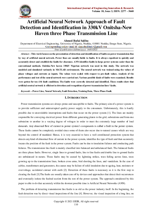 (PDF) Artificial Neural Network Approach of Fault Detection and Identification in 330kV Onitsha ...