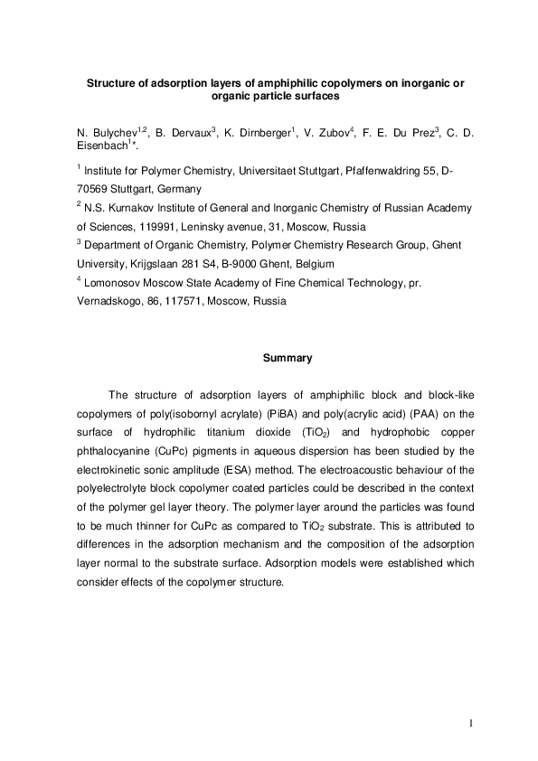 (PDF) Structure of Adsorption Layers of Amphiphilic Copolymers on ...