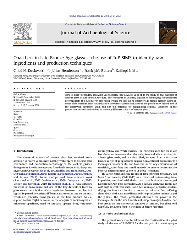 (PDF) Opacifiers in Late Bronze Age glasses: the use of ToF-SIMS to ...