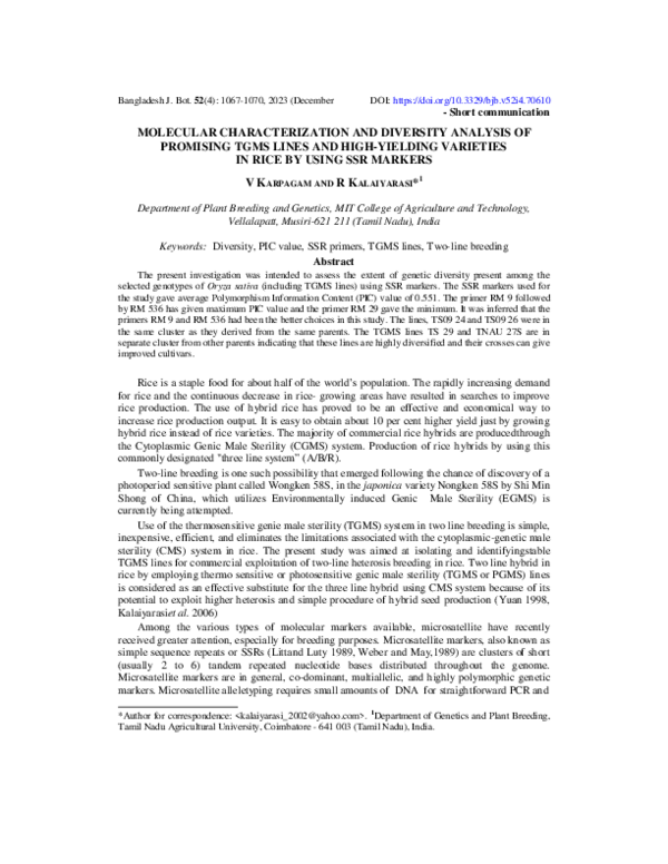 (PDF) Molecular characterization and diversity analysis of promising tgms lines and high-yieding ...