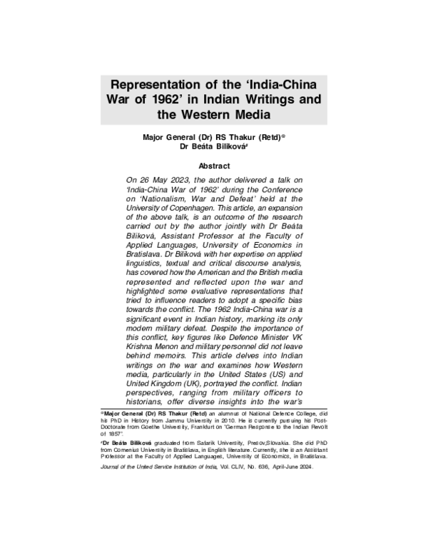 (PDF) Representation of the 'India-China War of 1962' in Indian ...