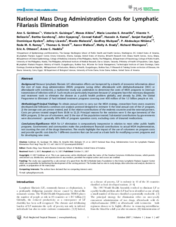 (PDF) National Mass Drug Administration Costs for Lymphatic Filariasis ...