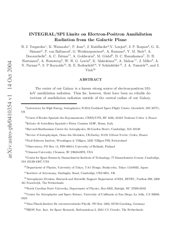 (PDF) INTEGRALSPI Limits on Electron‐Positron Annihilation Radiation ...