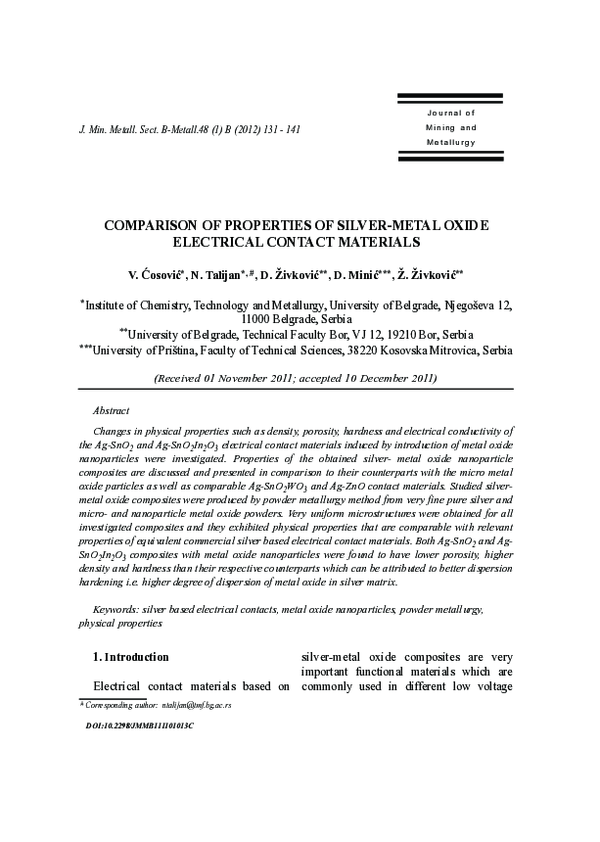 (PDF) Comparison of properties of silver-metal oxide electrical contact ...