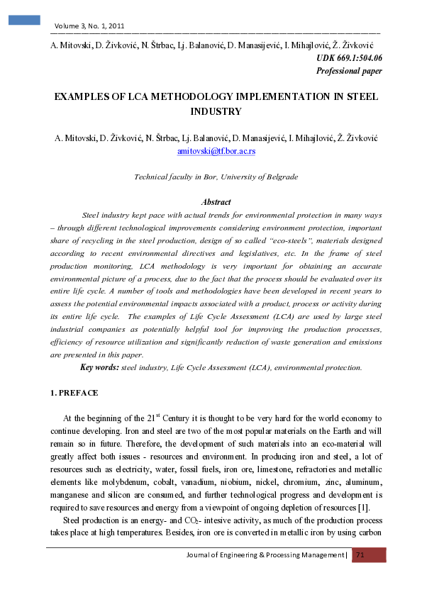(PDF) Examples of Lca Methodology Implementation in Steel Industry