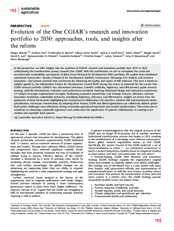 (PDF) Evolution of the One CGIAR’s research and innovation portfolio to ...