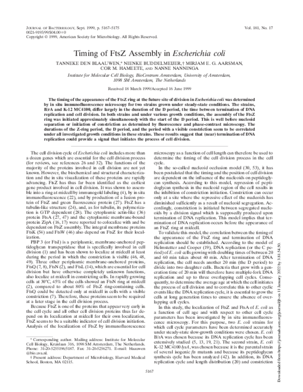(PDF) Timing of FtsZ Assembly in Escherichia coli