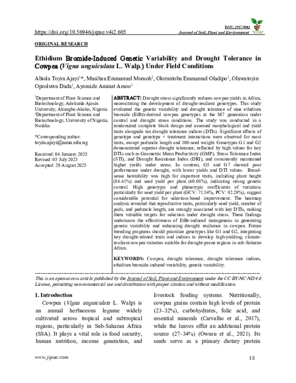 (PDF) Ethidium Br omide-Induced Genetic Variability and Drought Tolerance in Cowpea (Vigna ...