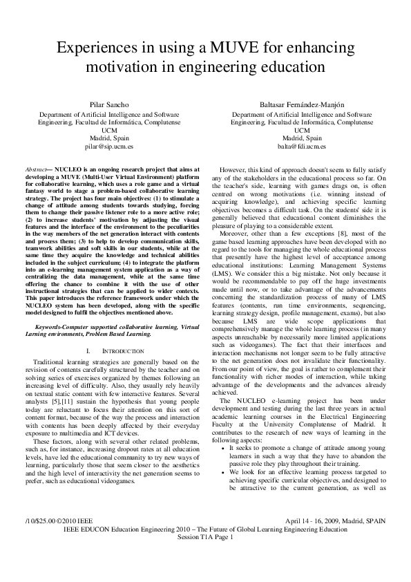 (PDF) Experiences in using a MUVE for enhancing motivation in ...