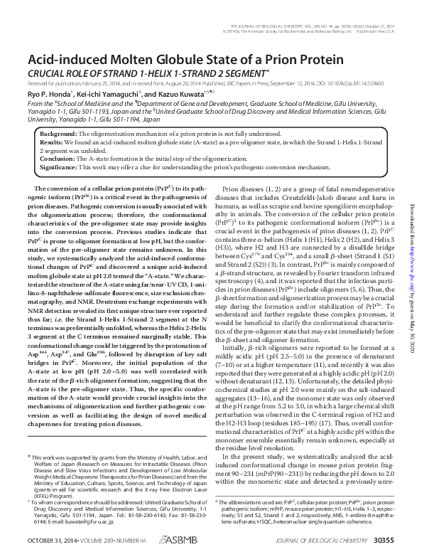 (PDF) Acid-induced molten globule state of a prion protein: crucial ...