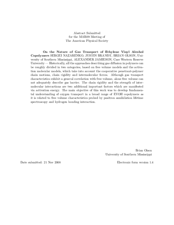(PDF) On the Nature of Gas Transport of Ethylene Vinyl Alcohol Copolymers