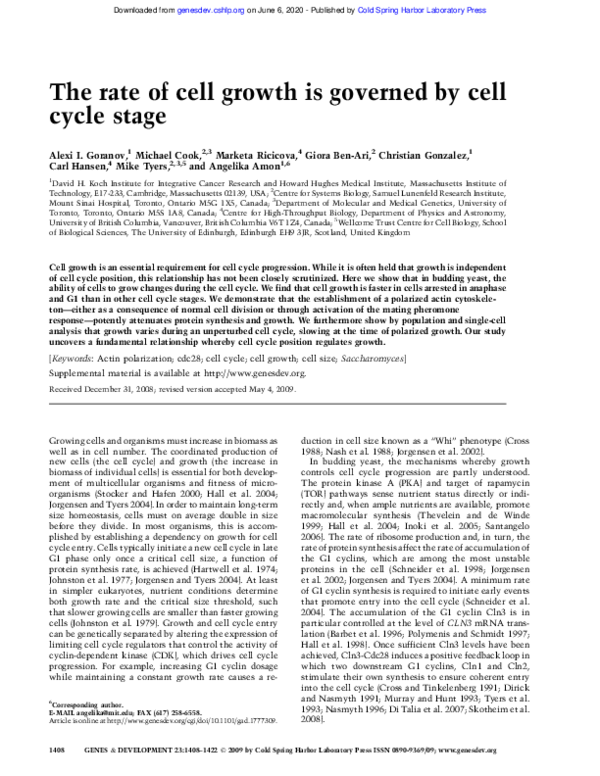 (PDF) The rate of cell growth is governed by cell cycle stage
