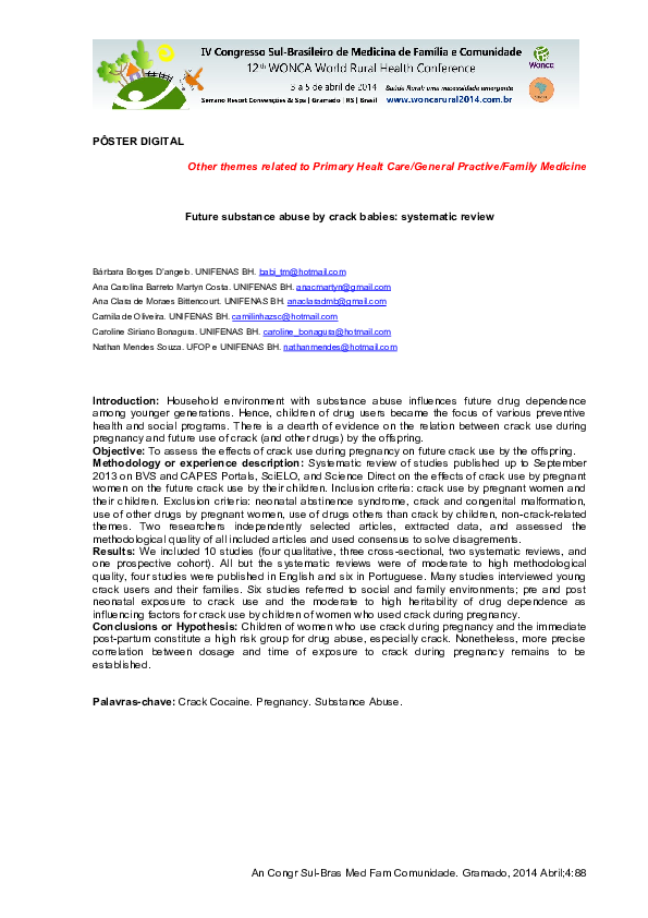(PDF) Future substance abuse by crack babies: systematic review