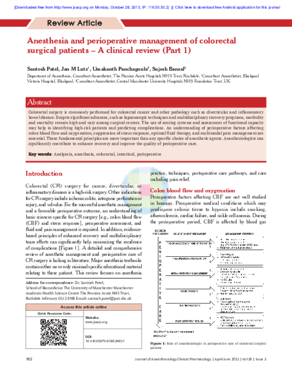 (PDF) Anesthesia and perioperative management of colorectal surgical ...