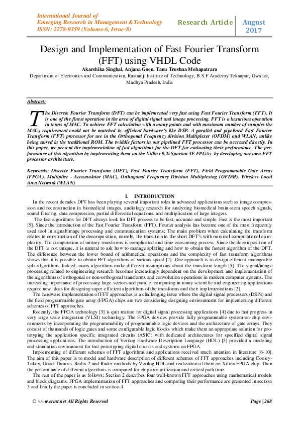 Pdf Design And Implementation Of Fast Fourier Transform Fft Using Vhdl Code