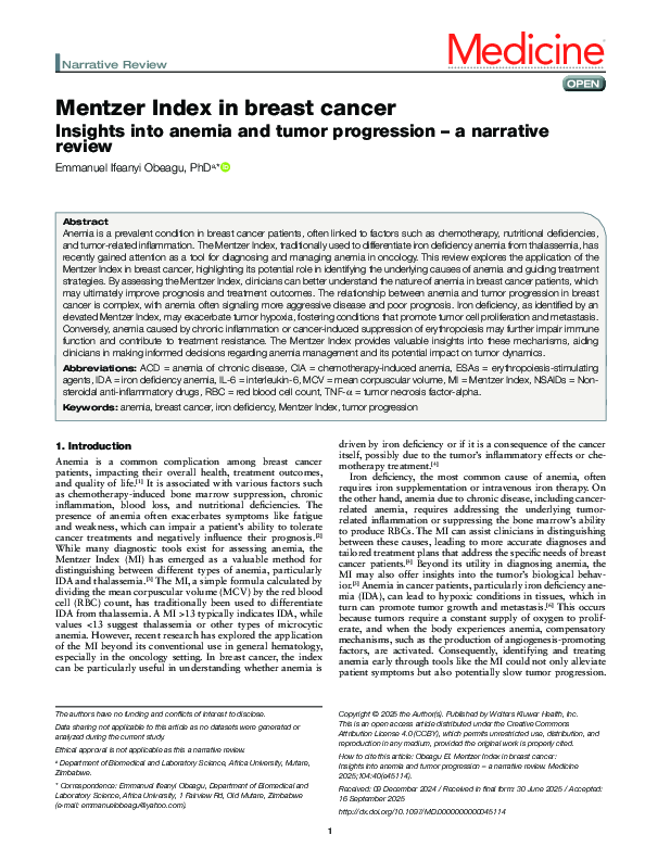 (PDF) Mentzer Index in breast cancer Insights into anemia and tumor ...