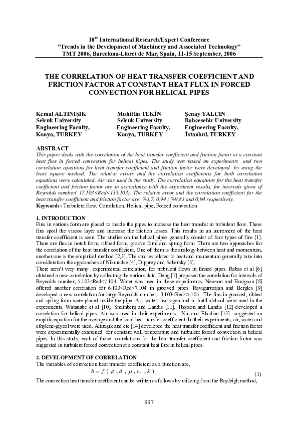 (PDF) The Correlation of Heat Transfer Coefficient and Friction Factor ...