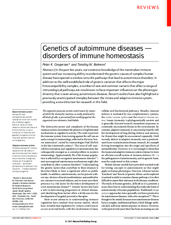 (PDF) Genetics of autoimmune diseases — disorders of immune homeostasis
