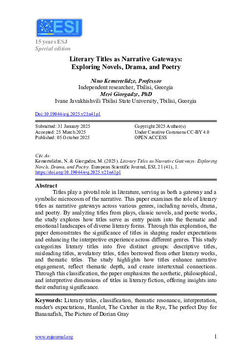 (PDF) Literary Titles as Narrative Gateways: Exploring Novels, Drama ...