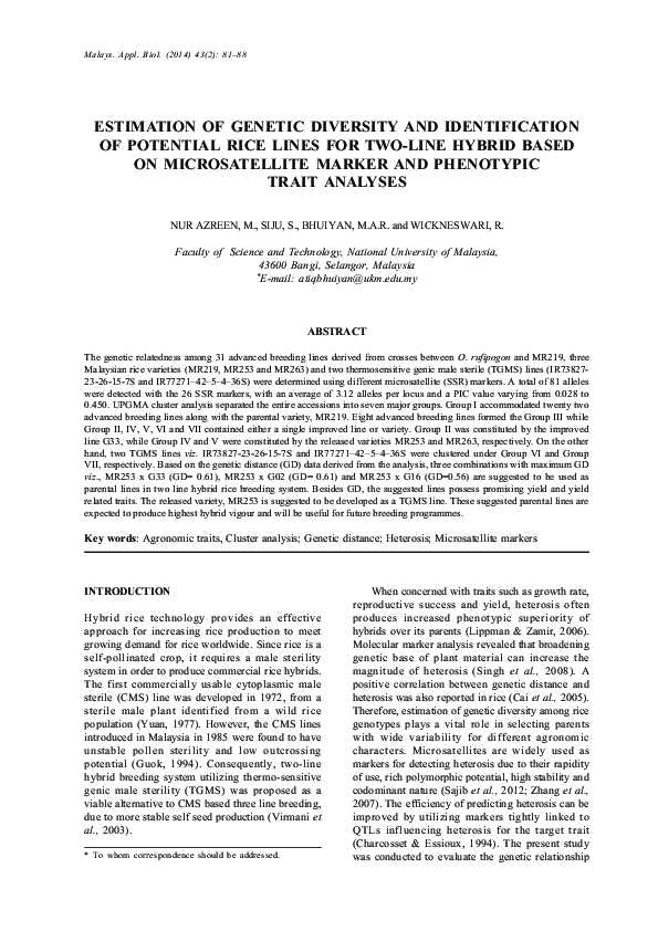 (PDF) Estimation of genetic diversity and identification of potential ...
