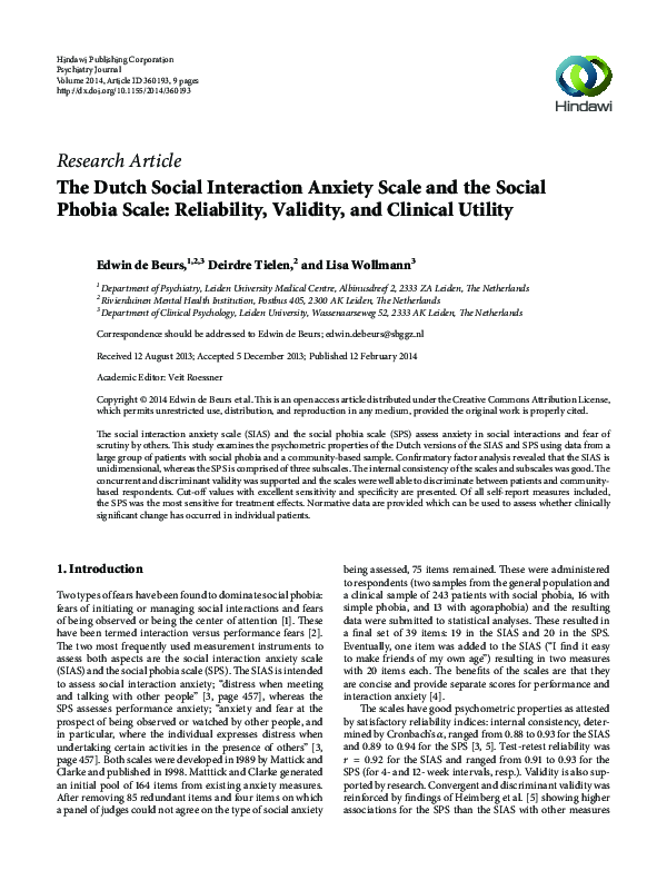 (PDF) The Dutch Social Interaction Anxiety Scale and the Social Phobia ...