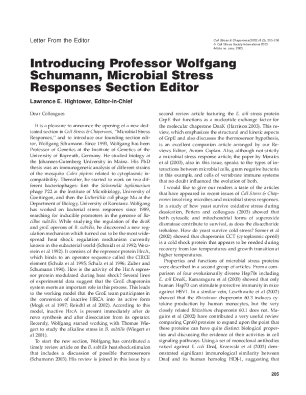 (PDF) Introducing Professor Wolfgang Schumann, Microbial Stress ...