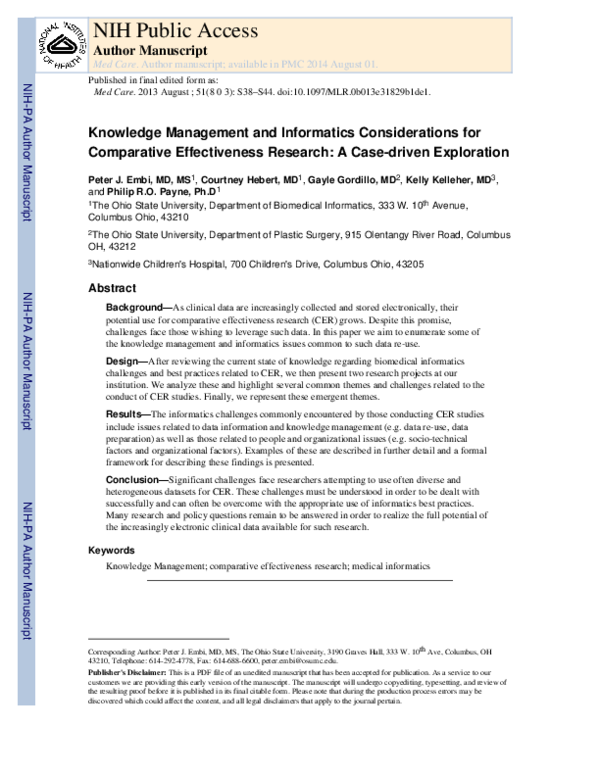 (PDF) Knowledge Management and Informatics Considerations for Comparative Effectiveness Research