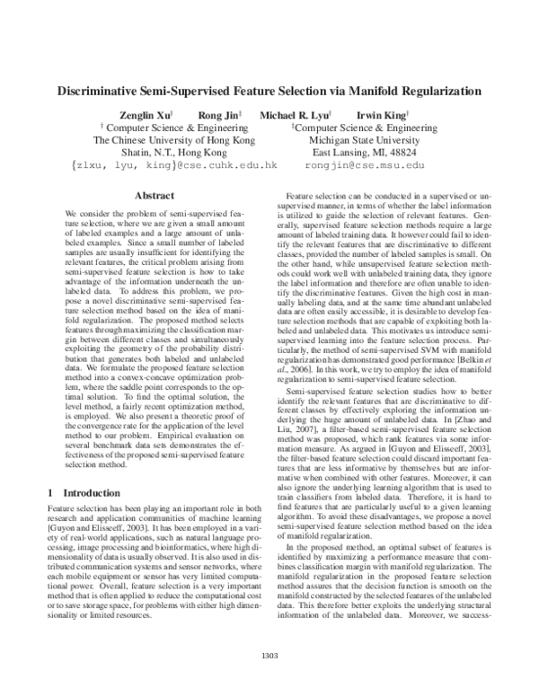 (PDF) Discriminative Semi-Supervised Feature Selection Via Manifold Regularization