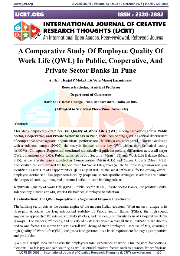 (PDF) A Comparative Study Of Employee Quality Of Work Life (QWL) In Public, Cooperative, And ...